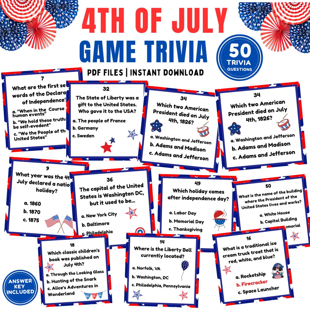4th of July Trivia - Trivia Question Cards - Independence Day Party ...