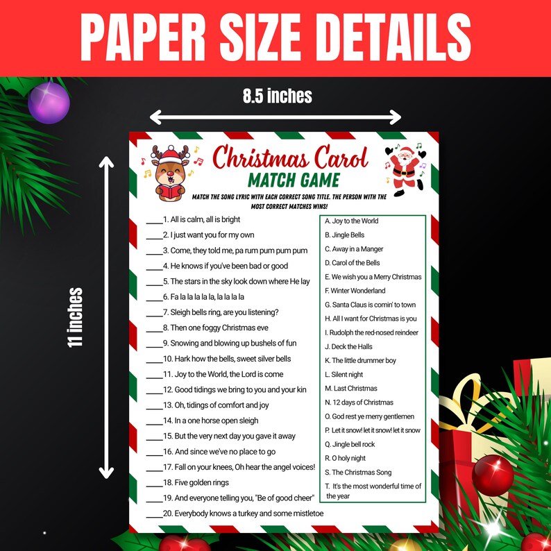 Printable Christmas Carol Match Game, Holiday Trivia (digital Download ...