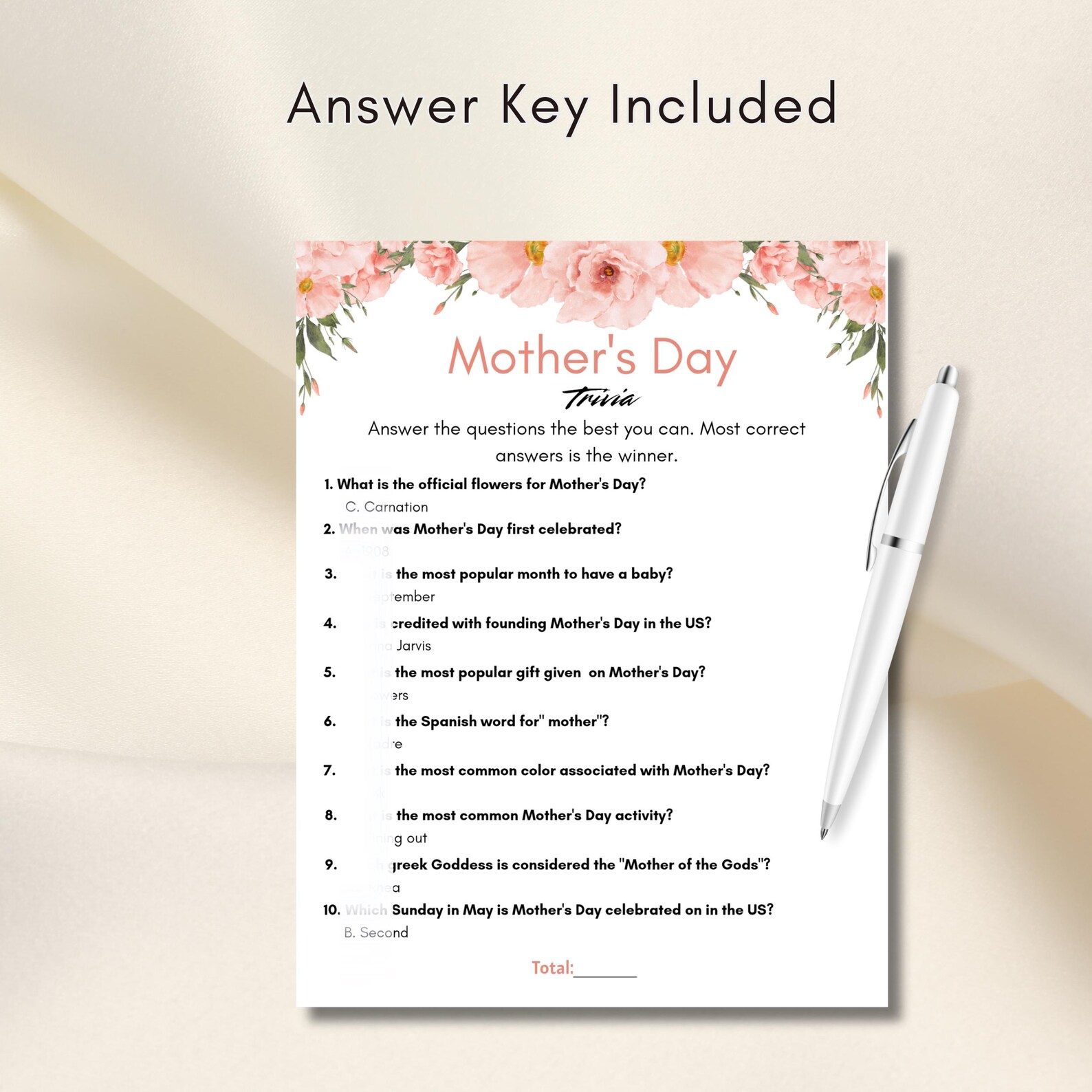 Mothers Day Trivia Game, Printable Mothers Day Quiz, Mothers Day Party ...