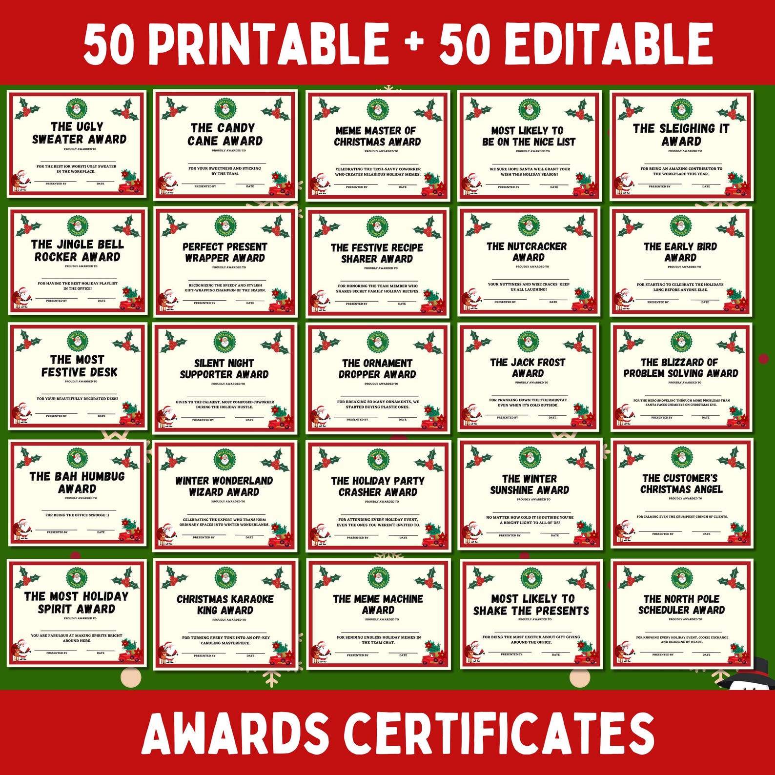 Christmas Office Awards, Holiday Employee Awards, Christmas ...