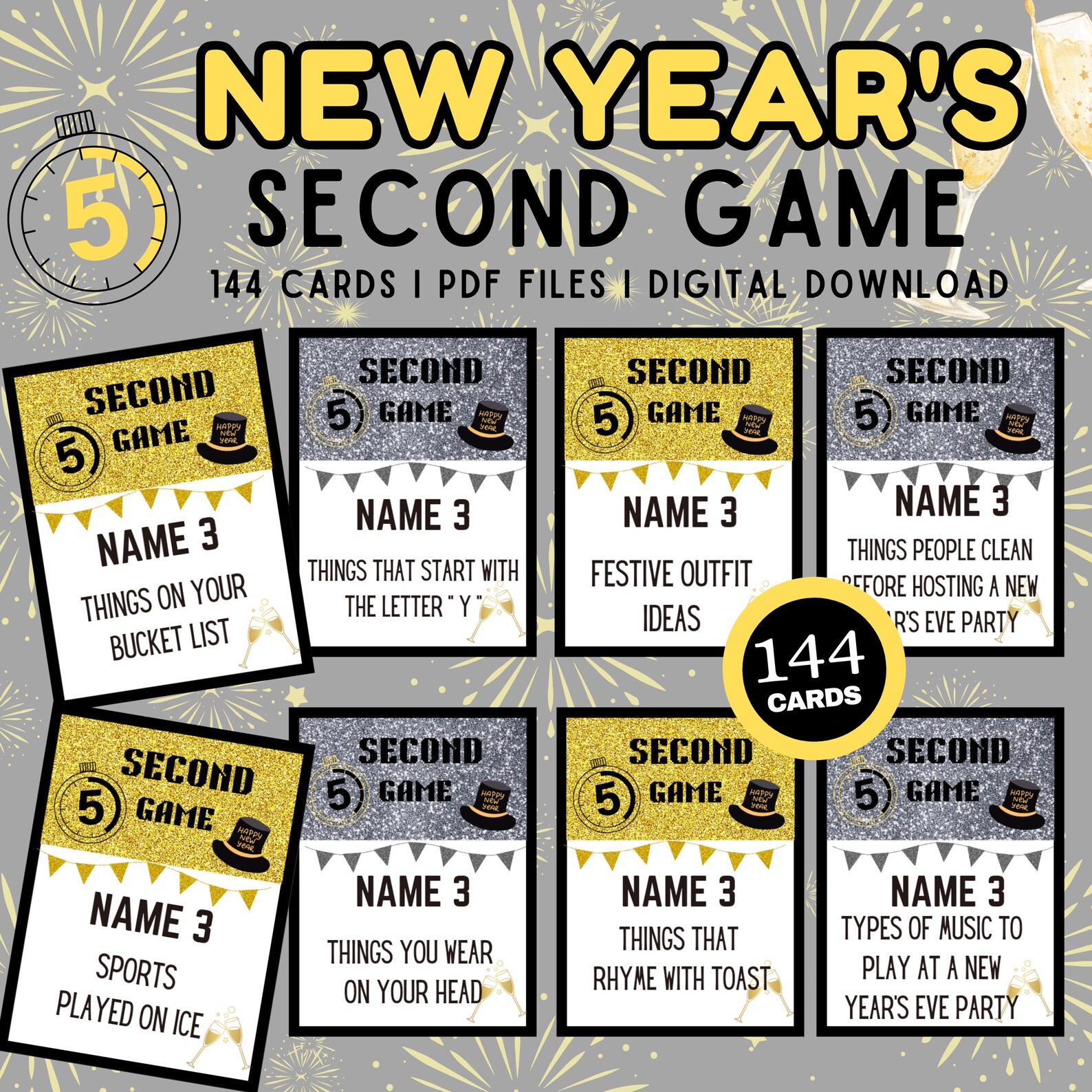 New Year's Eve 5 Second Game, 144 Cards (PDF Printable) - Etsy