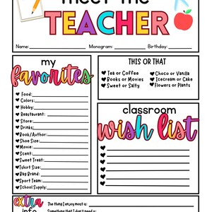 Teacher Favorite Things Questionnaire | Back to School Teacher Survey ...