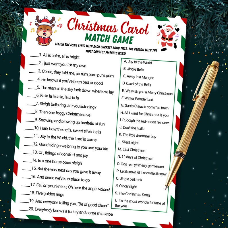 Printable Christmas Carol Match Game, Holiday Trivia (digital Download ...