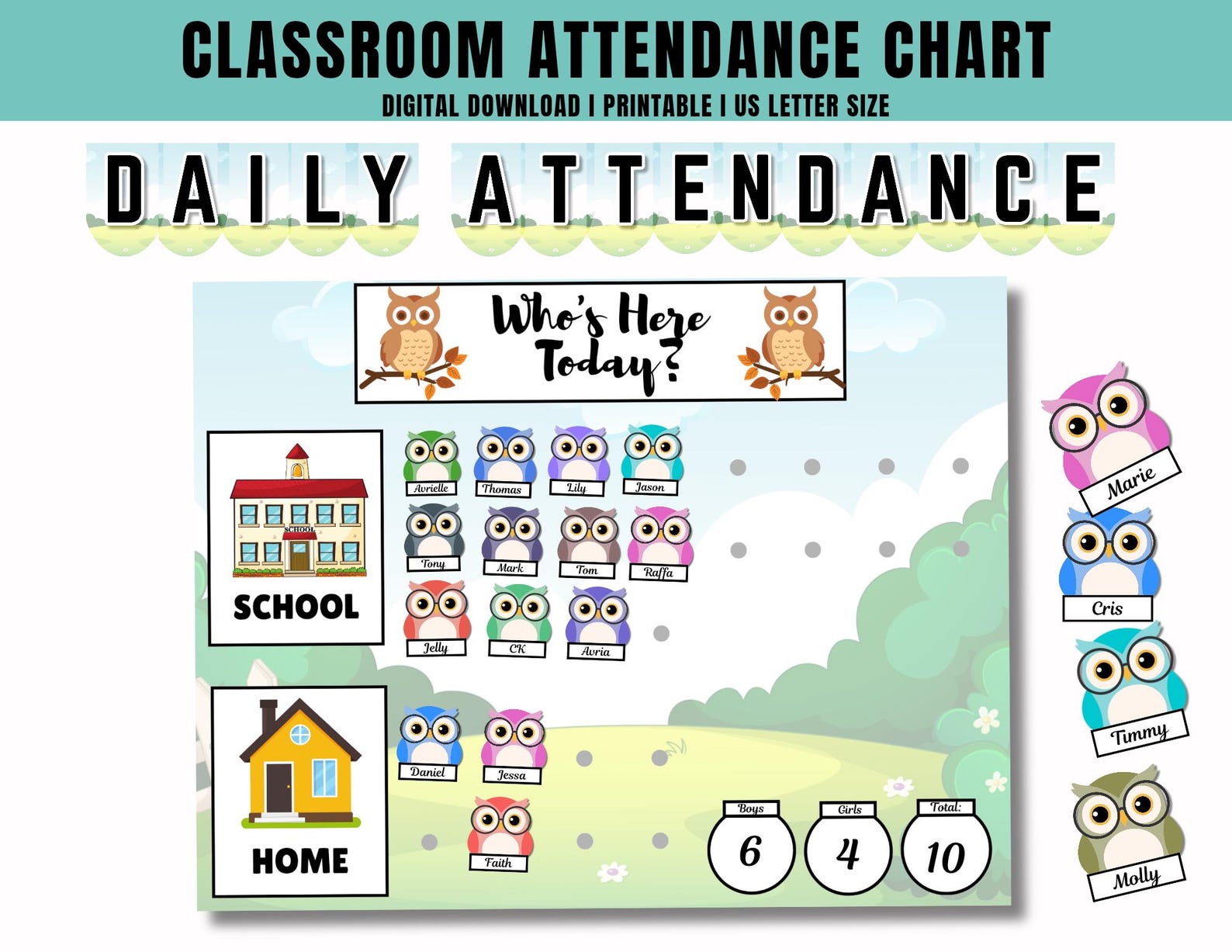 Owl Attendance Chart | Printable Classroom Bulletin Board (digital ...