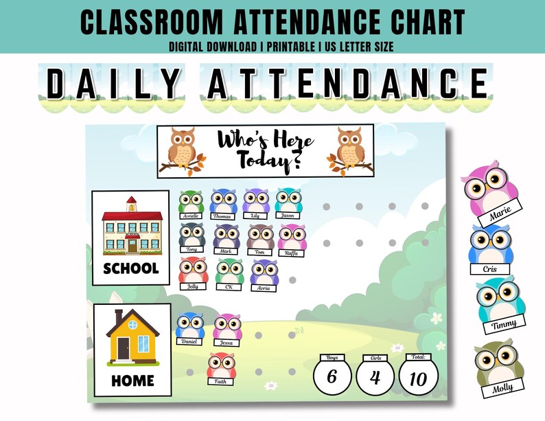 Owl Attendance Chart | Printable Classroom Bulletin Board (digital ...
