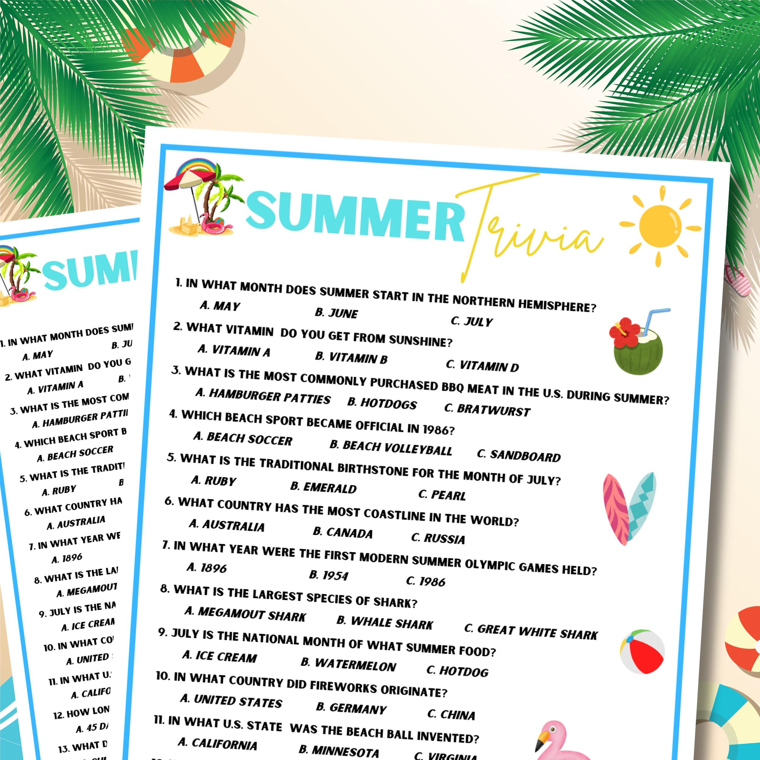 Summer Trivia Game, Summer Trivia Quiz, Summer Games, Summer Printable ...