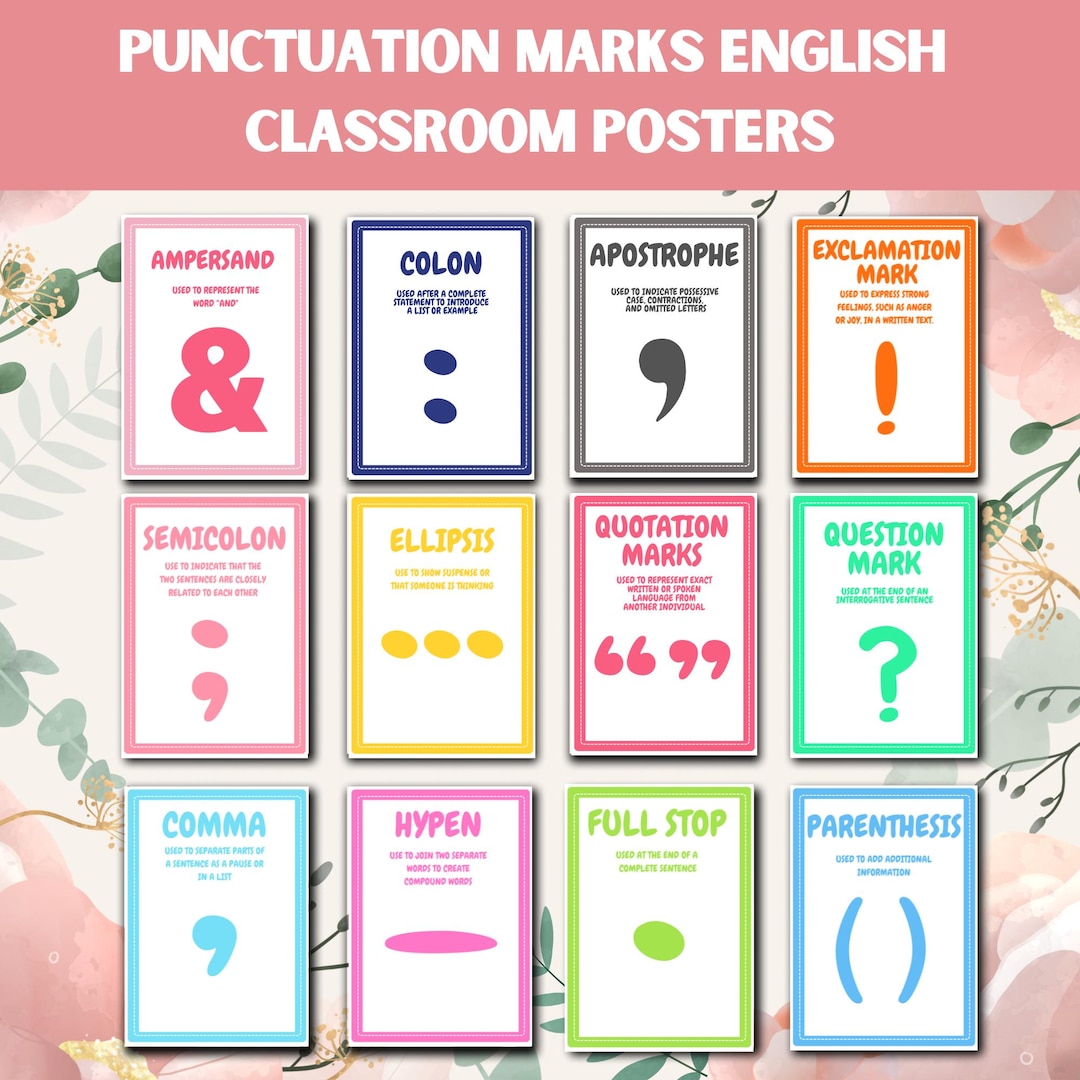 Punctuation Marks Posters, English Classroom Posters, Set of 12 Posters ...