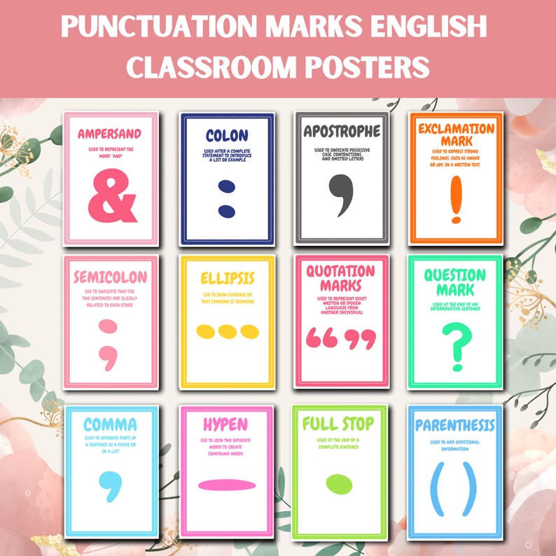 Punctuation Marks Posters, English Classroom Posters, Set of 12 Posters ...