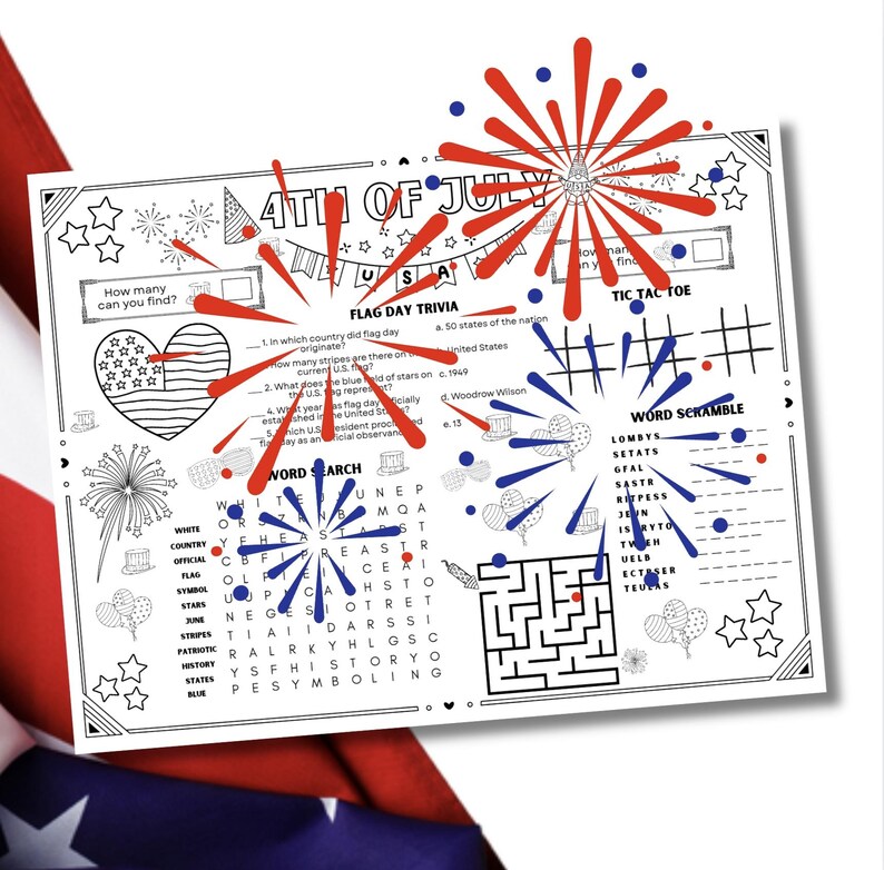 4th of July Kids Activity Sheet, 4th of July Kids Coloring Placemat ...