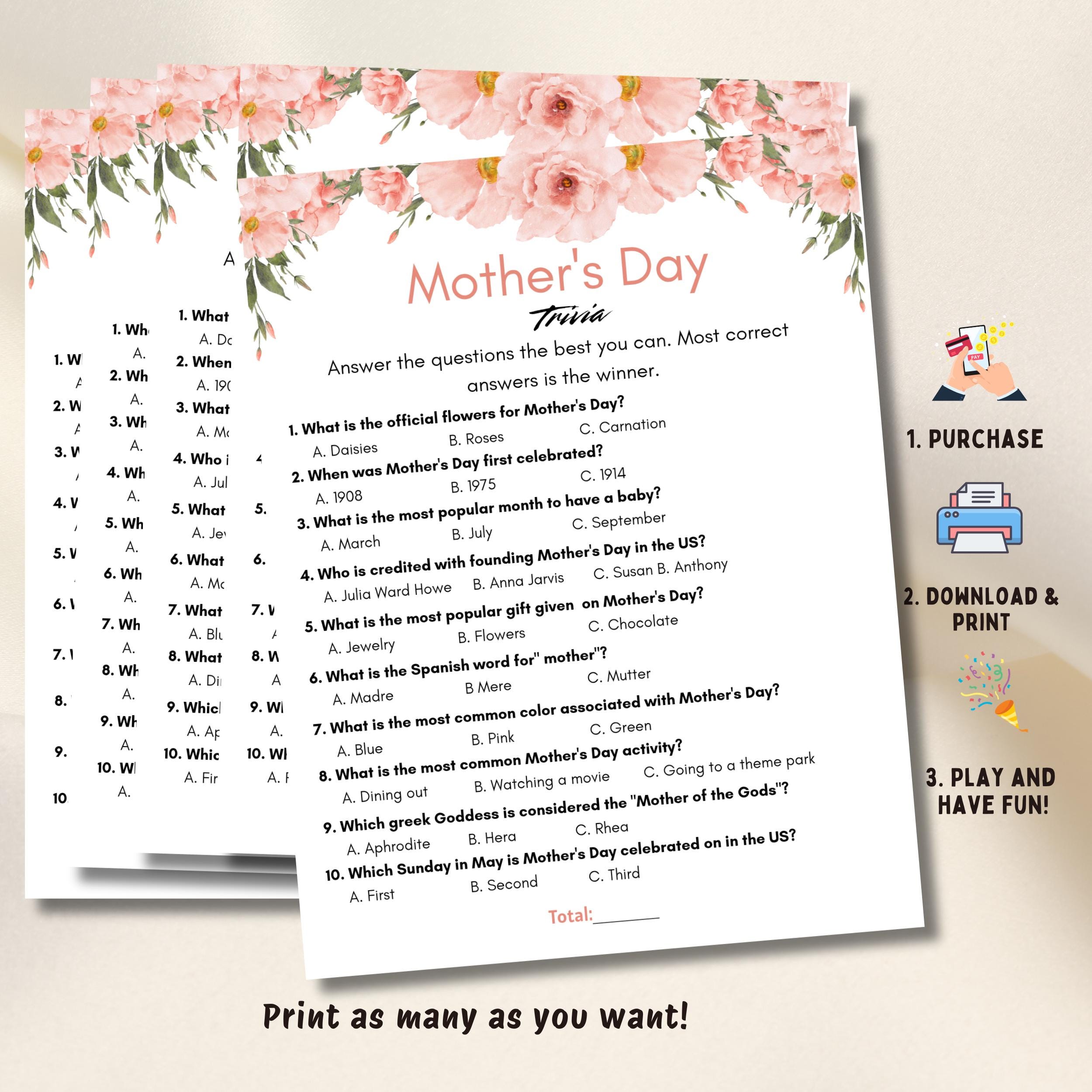 Mothers Day Trivia Game, Printable Mothers Day Quiz, Mothers Day Party ...