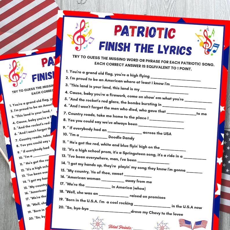 Patriotic Finish the Lyrics Game, 4th of July Printable (digital ...