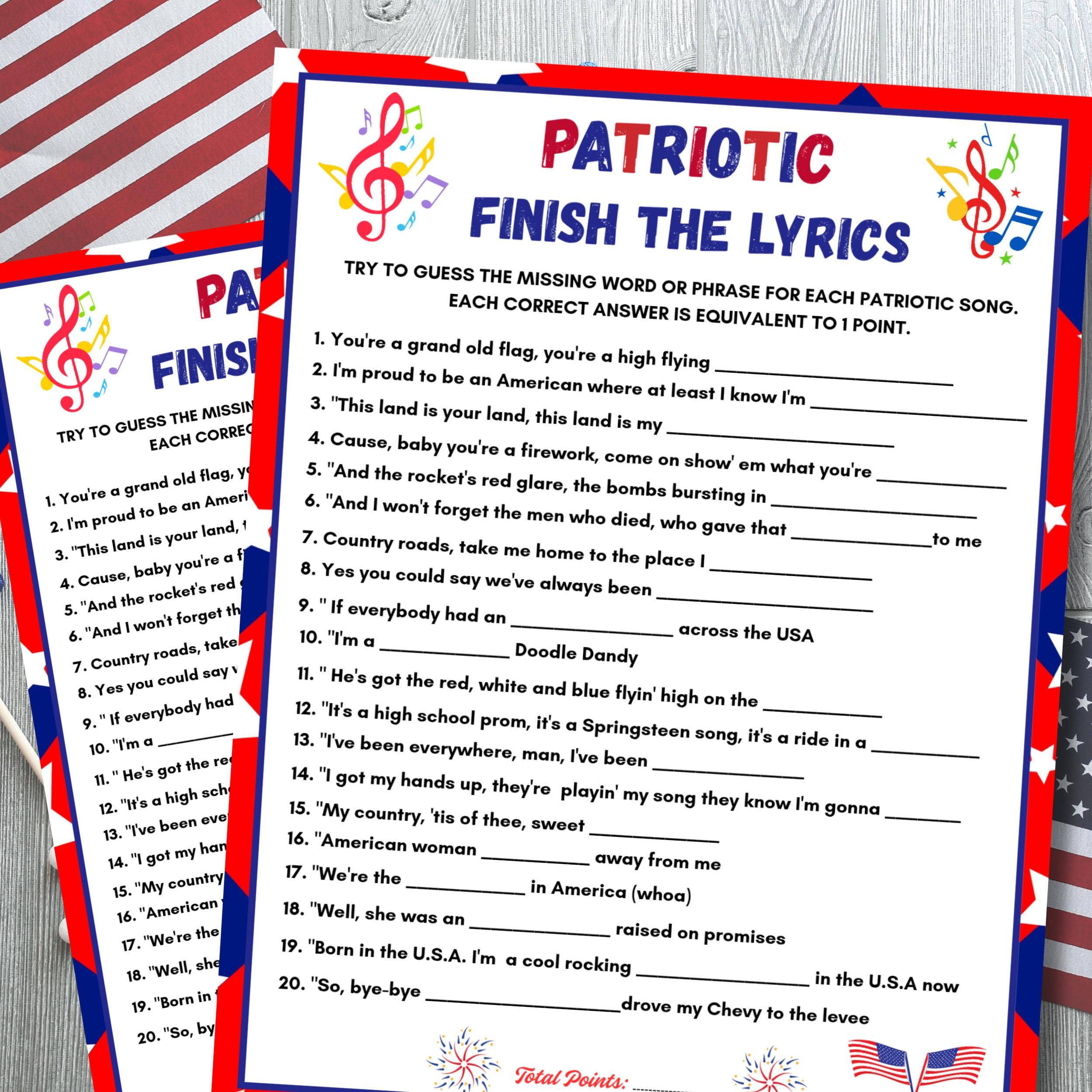 4th of July, Patriotic Finish the Lyrics Game, Patriotic Trivia ...