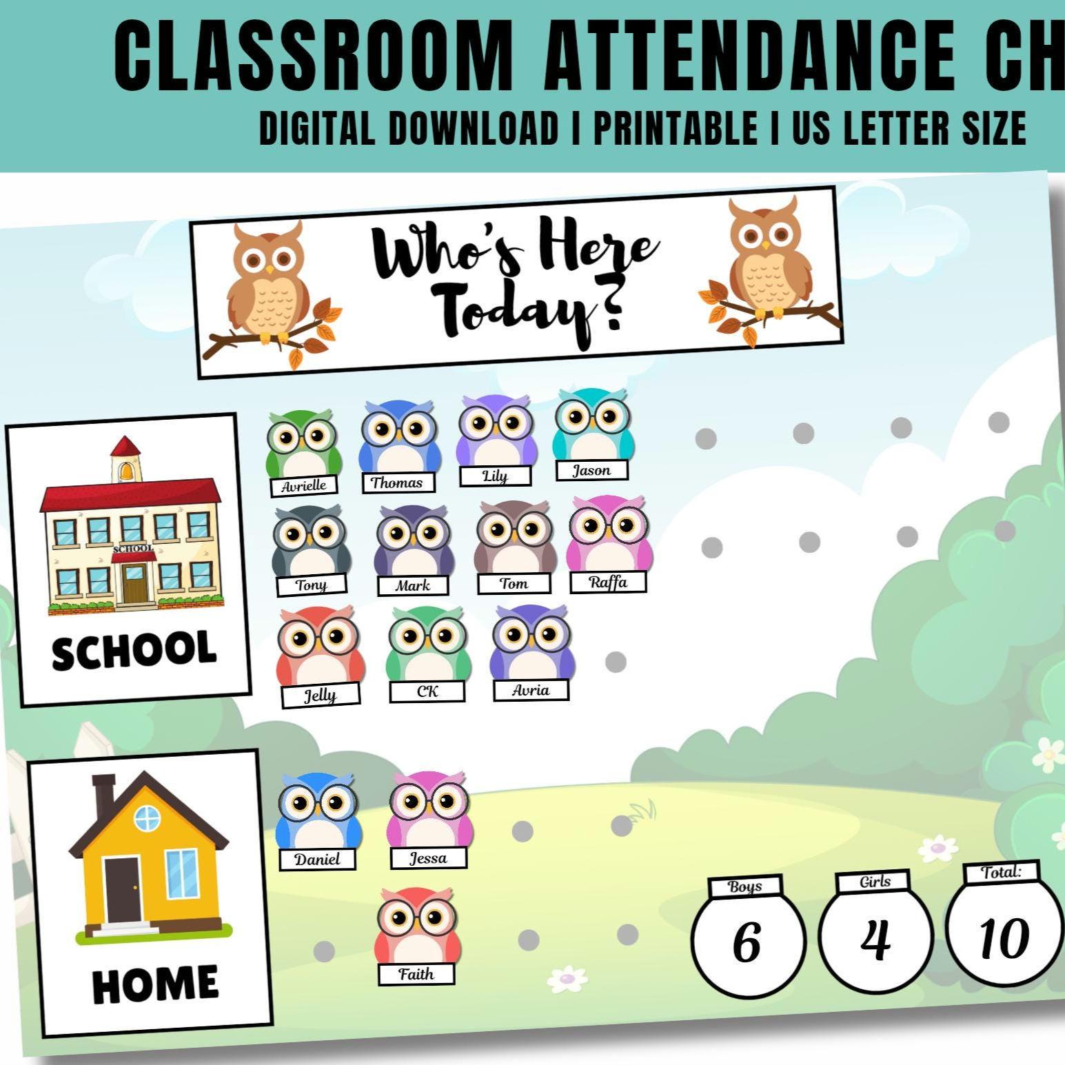 Owl Attendance Chart | Printable Classroom Bulletin Board (digital ...
