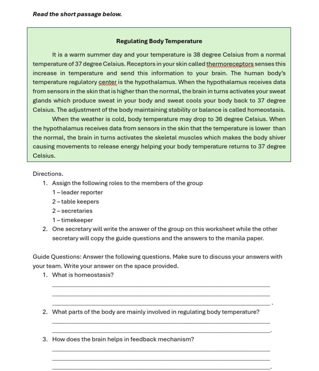 Worksheet on Homeostasis for Junior High School - Etsy