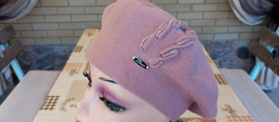 Lilac Knitted Beret With Stem Soft Handmade Hat for Women Cozy Gift for ...