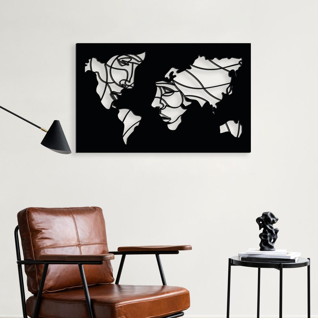 Faces of World Map Line Drawing Led Sign Illuminated Maps Wall Art ...