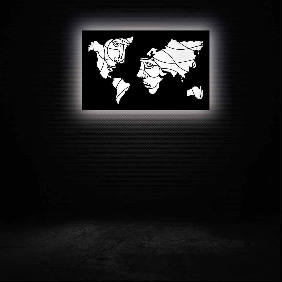 Faces of World Map Line Drawing Led Sign Illuminated Maps Wall Art ...