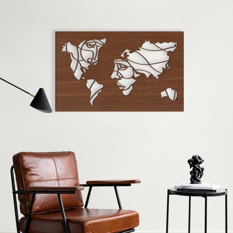 Faces of World Map Line Drawing Led Sign Illuminated Maps Wall Art ...