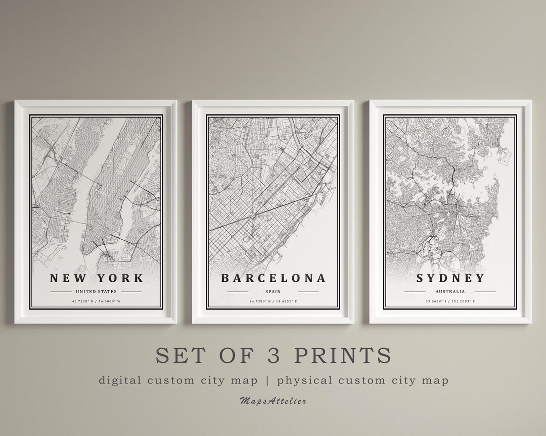 Set of 3 Personalized City Map Posters Individual City Map Custom City ...