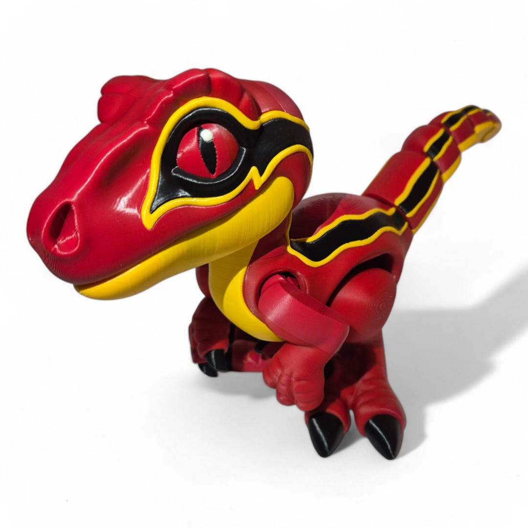 3D Printed Baby Raptor Dinosaur Toy - Articulated Red and Yellow Dino ...