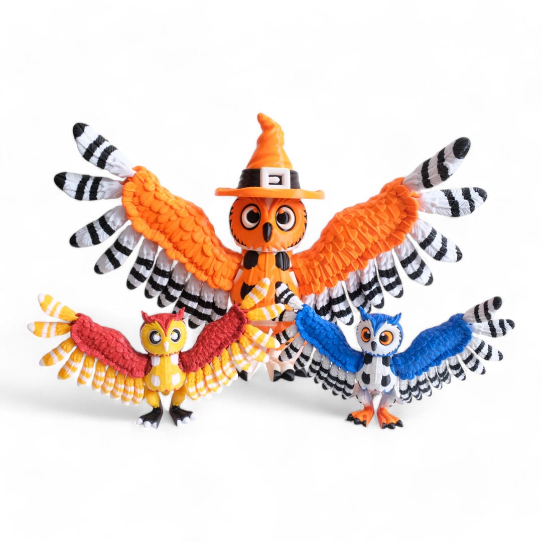 Colorful 3D Printed Articulated Owl Figurines – Halloween Themed Owl ...
