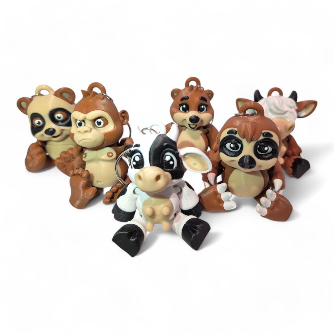 Cute Animal Keychains – 3D Printed Panda, Cow, Sloth, Gorilla, Bear, and Highland Cow Figurines ...