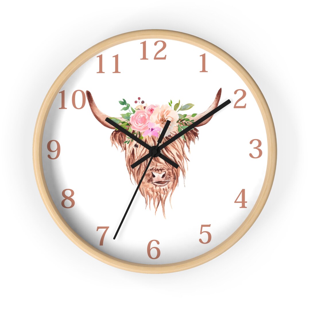 Nursery Decor Highland Cow Wall Clock Nursery Highland Cow With Floral ...