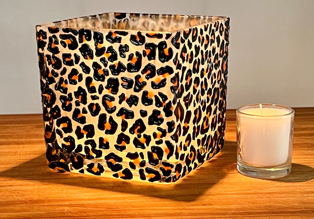 Leopard Print Candle Holder – Hand Painted 5” Glass Cube, Bold Animal ...