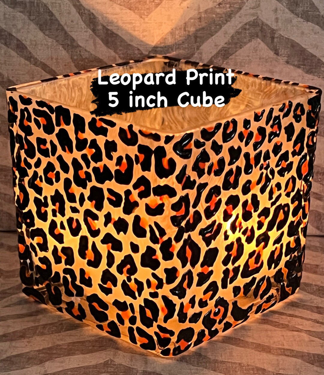 Leopard Design Candle Holder. Hand Painted on a Large 5x5x5 Inch Glass ...