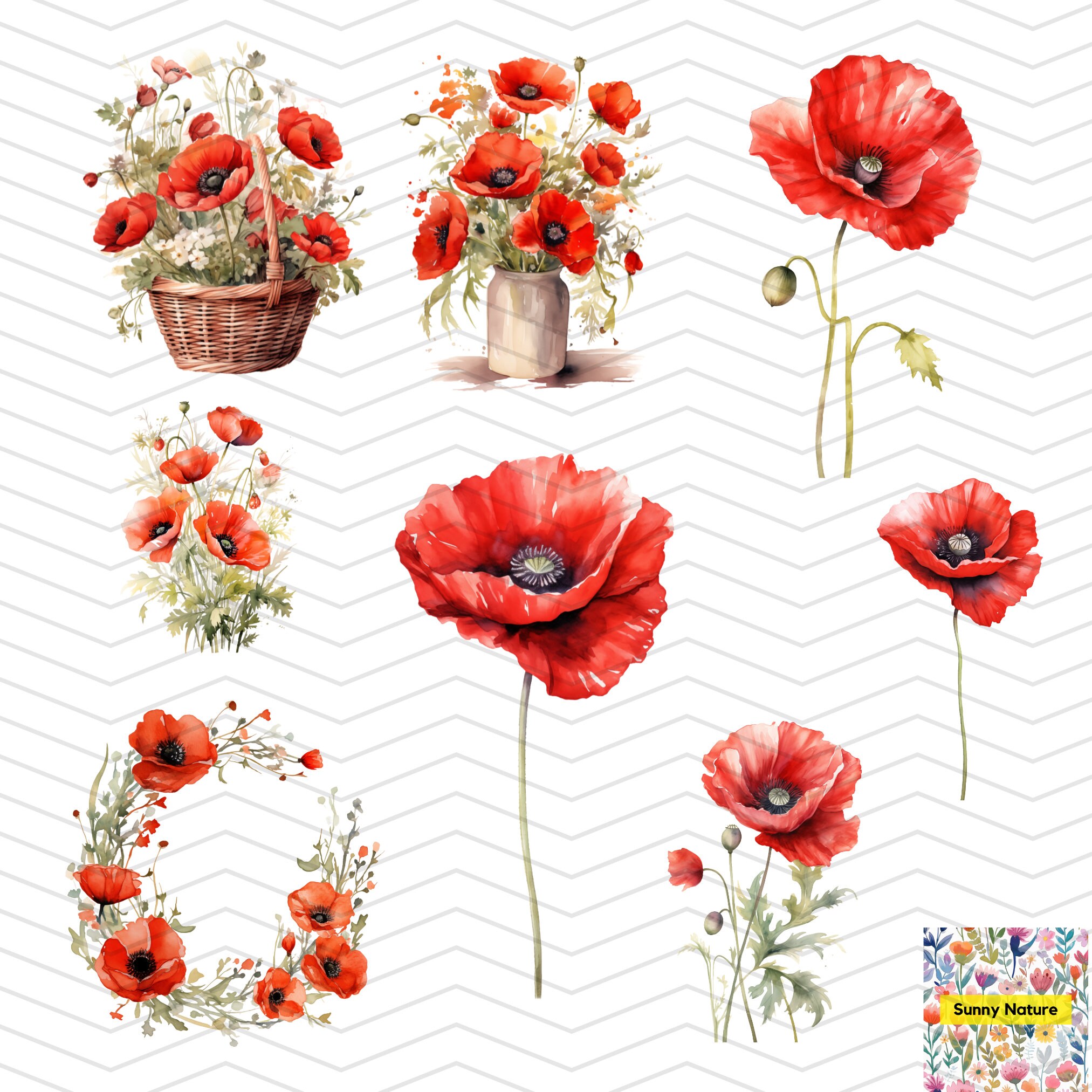 Red Poppy Clipart Flower Bundle PNG, Digital Download, for Commercial ...