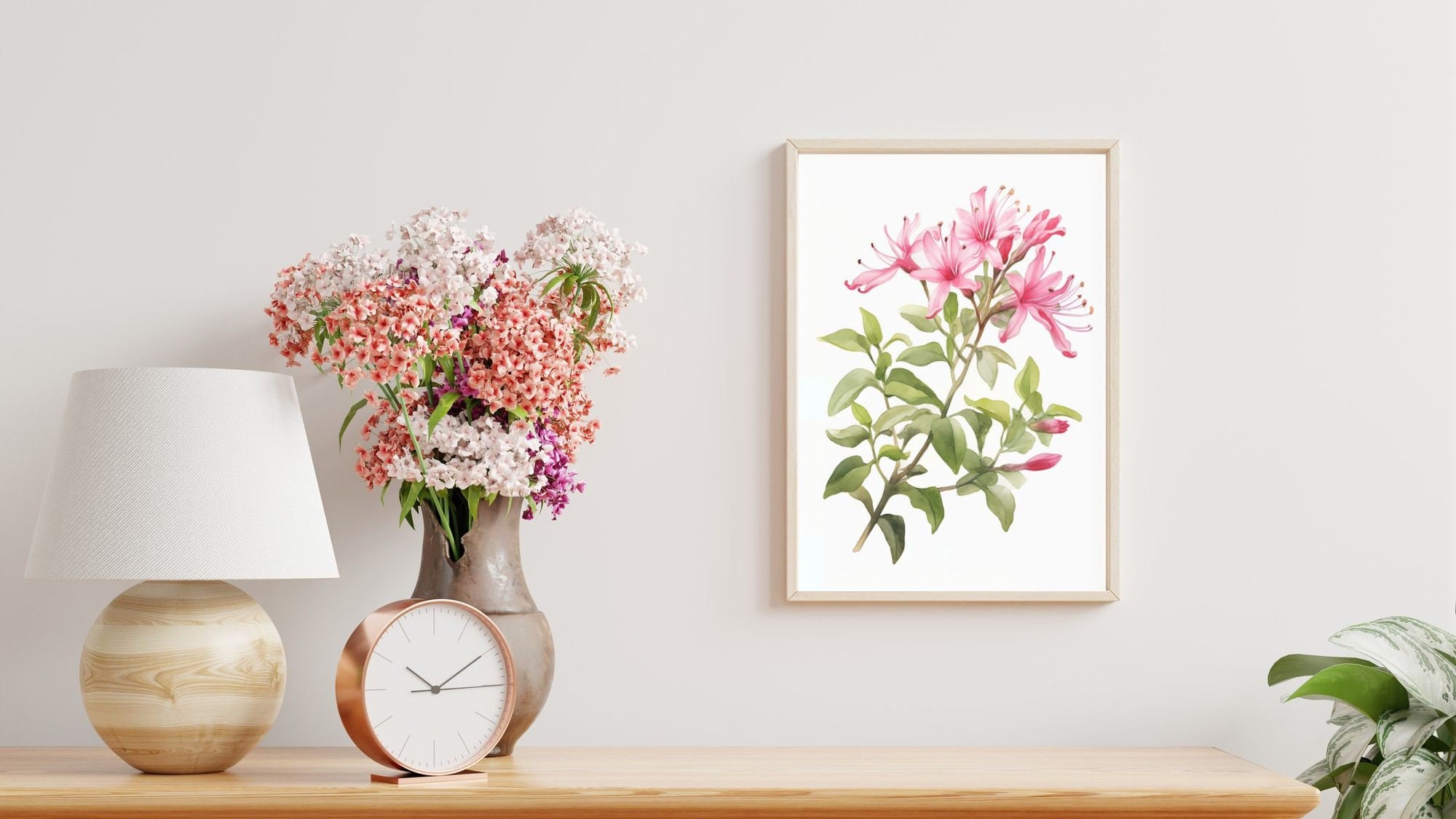 Pink Honeysuckle Single Flower Wall Art, Colorful Floral Watercolor ...