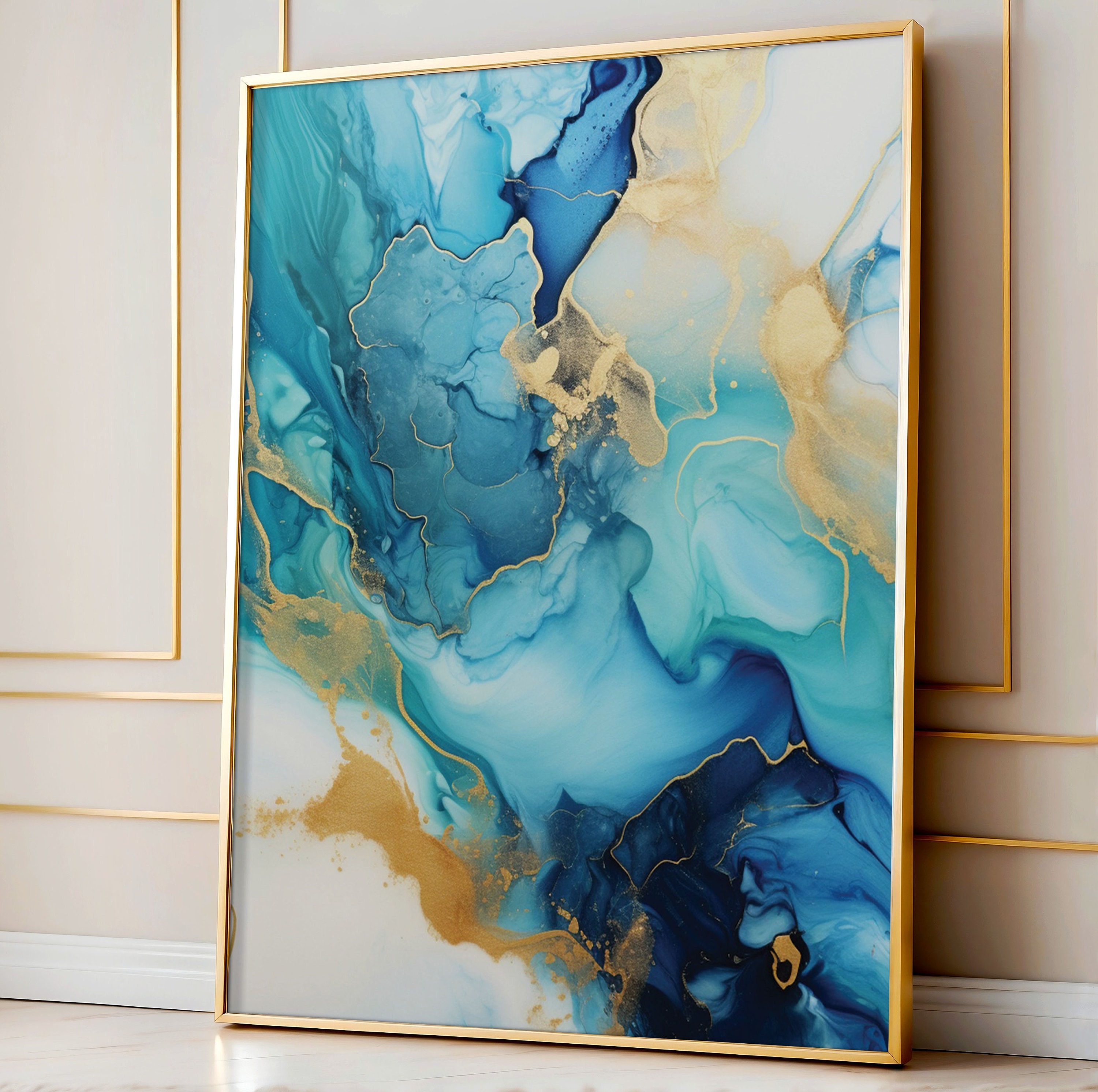 Set of 3 Blue White and Gold Marble Effect, Bedroom Wall Art, Shape of ...