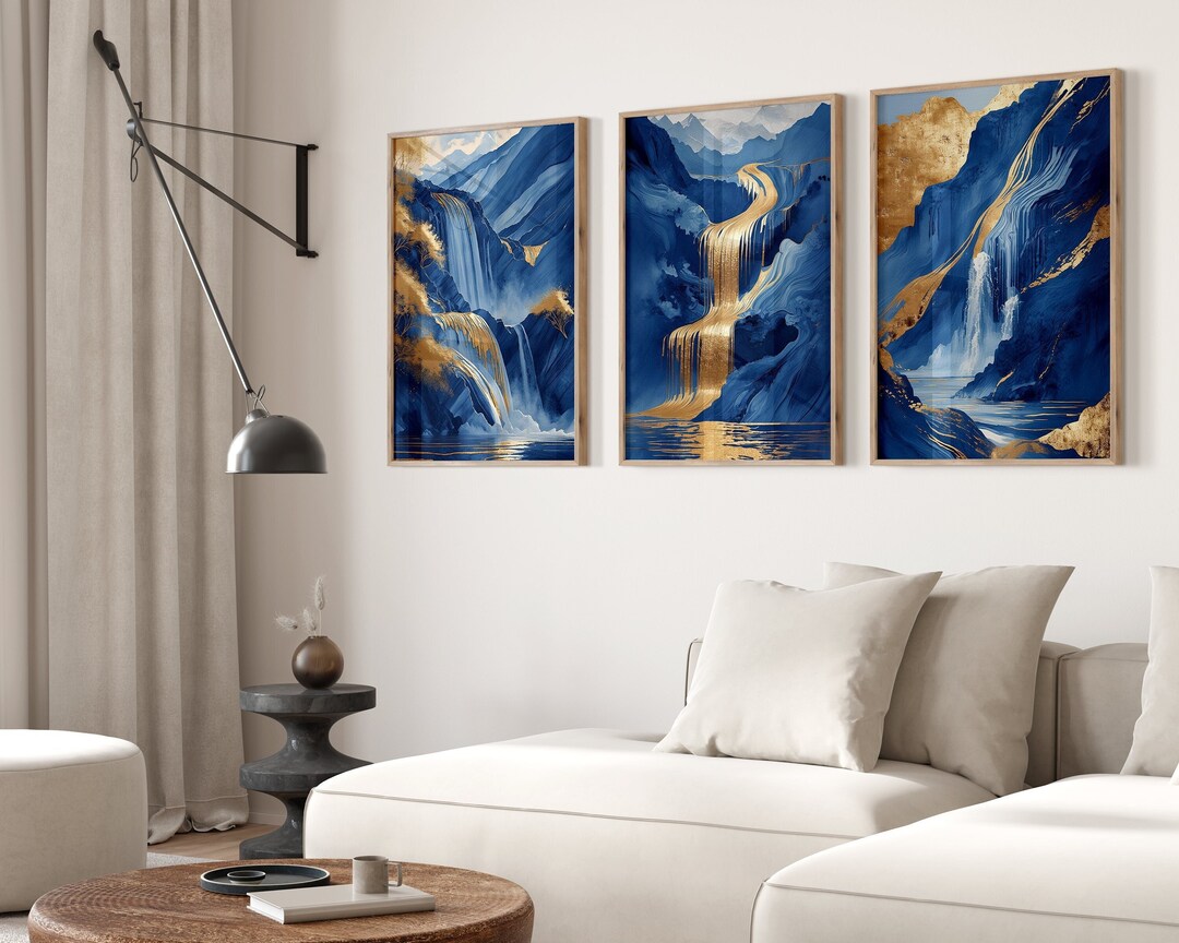 Blue Gold Wall Art, Abstract Decor, Waterfall Landscape Print, Royal ...