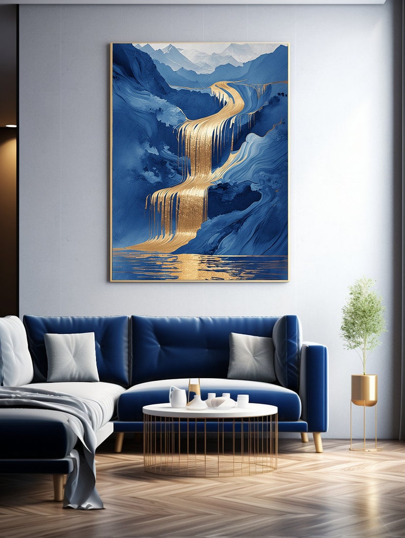 Blue Gold Wall Art, Abstract Decor, Waterfall Landscape Print, Royal ...