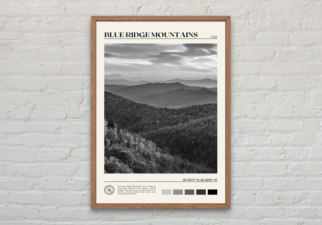 Black and White, Blue Ridge Mountains Print, Blue Ridge Mountains Wall ...