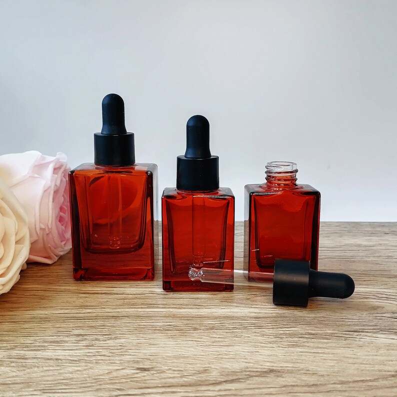 15ml 30ml Square Red Glass Dropper Bottles, Refillable Essential Oil ...