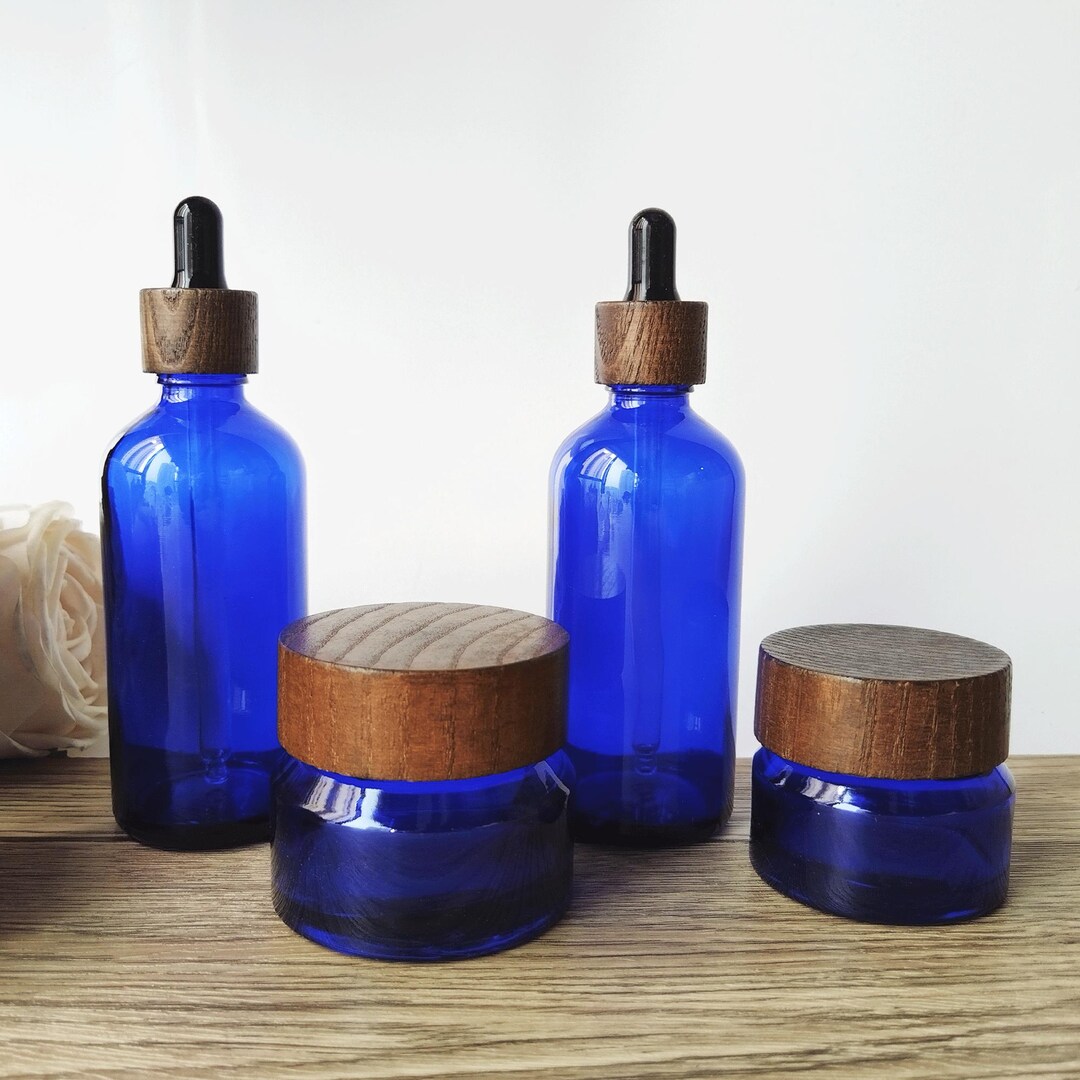 Blue Glass Cosmetic Packaging Set, Refillable Glass Cosmetic Container ...