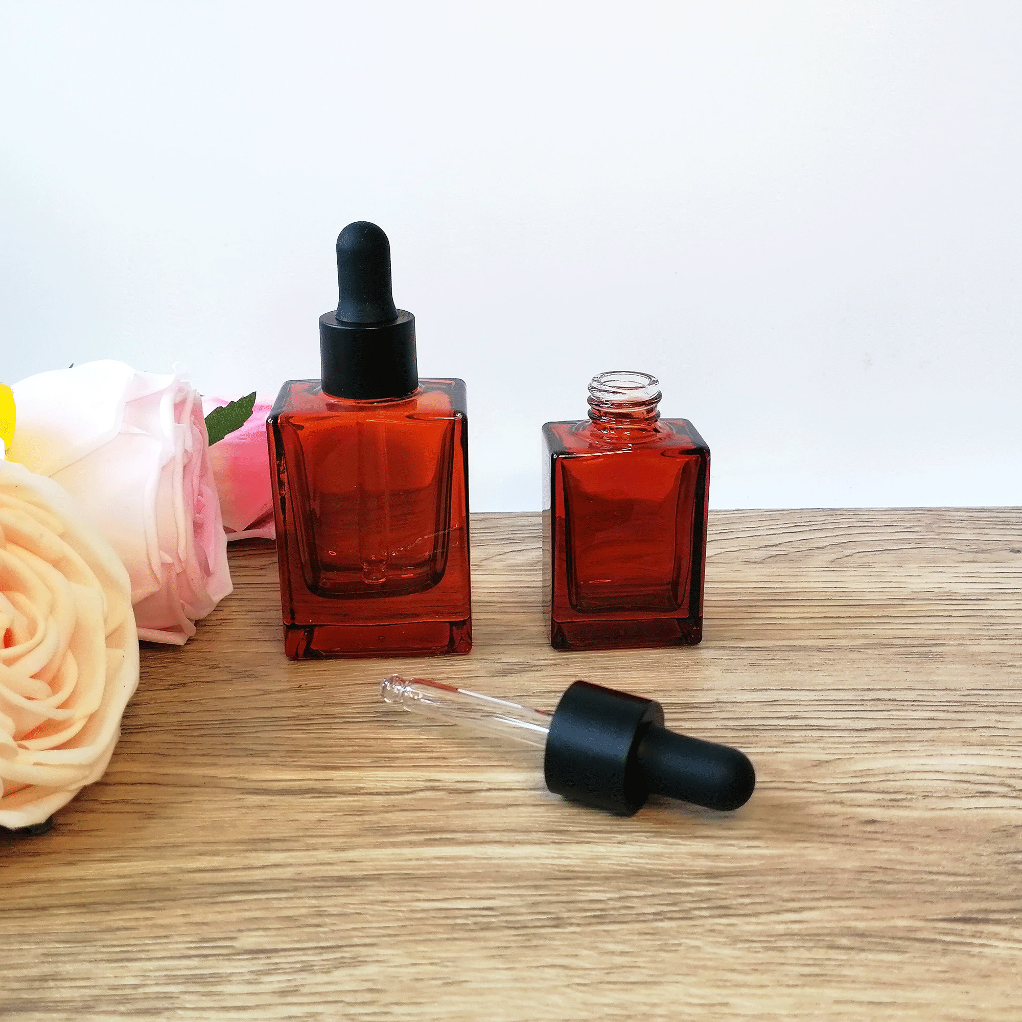 15ml 30ml Square Red Glass Dropper Bottles, Refillable Essential Oil ...