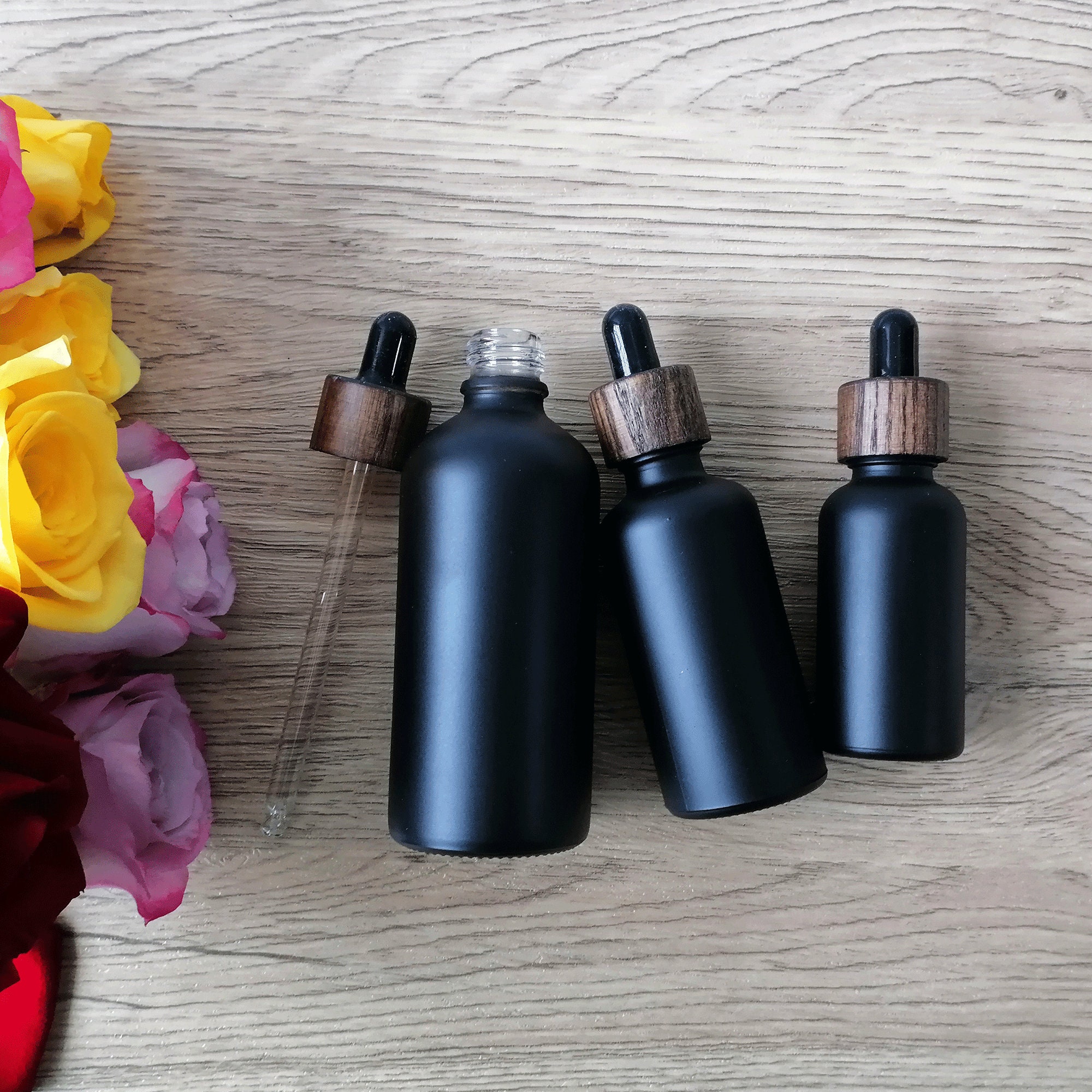 Matte Black Glass Dropper Bottle With Natural Wood Lid Long Eye Dropper ...