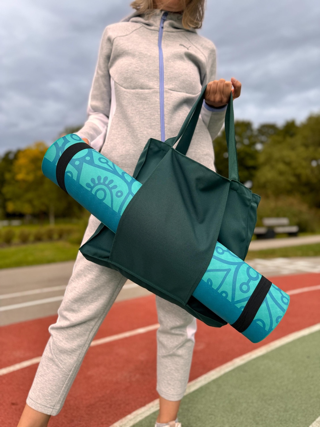Dark Green Yoga Tote Bag, Thick Fabric Gym Bag, Durable Yoga Mat ...