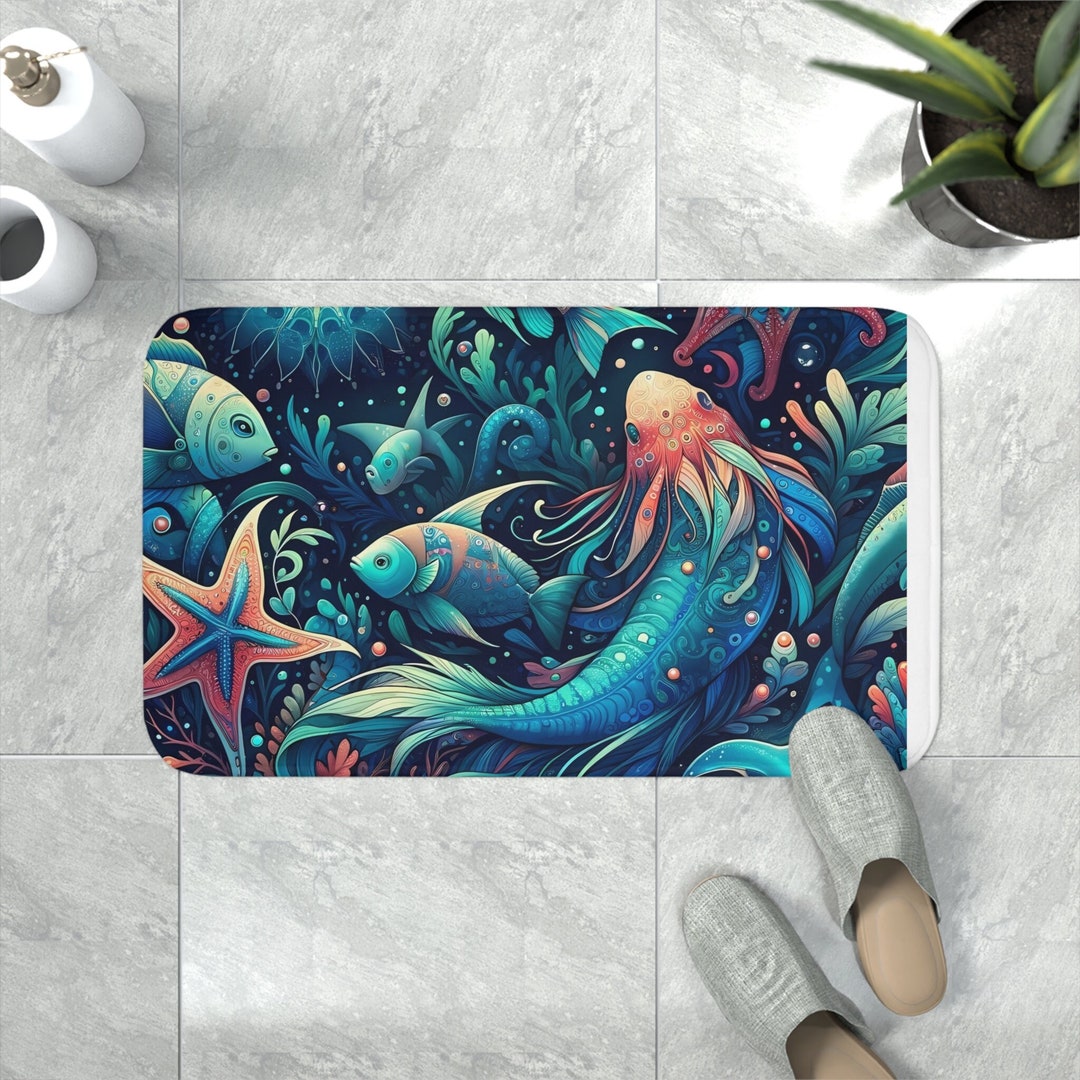 Mystic Sea Bath Mat: Boho Fish Bathroom Decor, Memory Foam Rug - Etsy