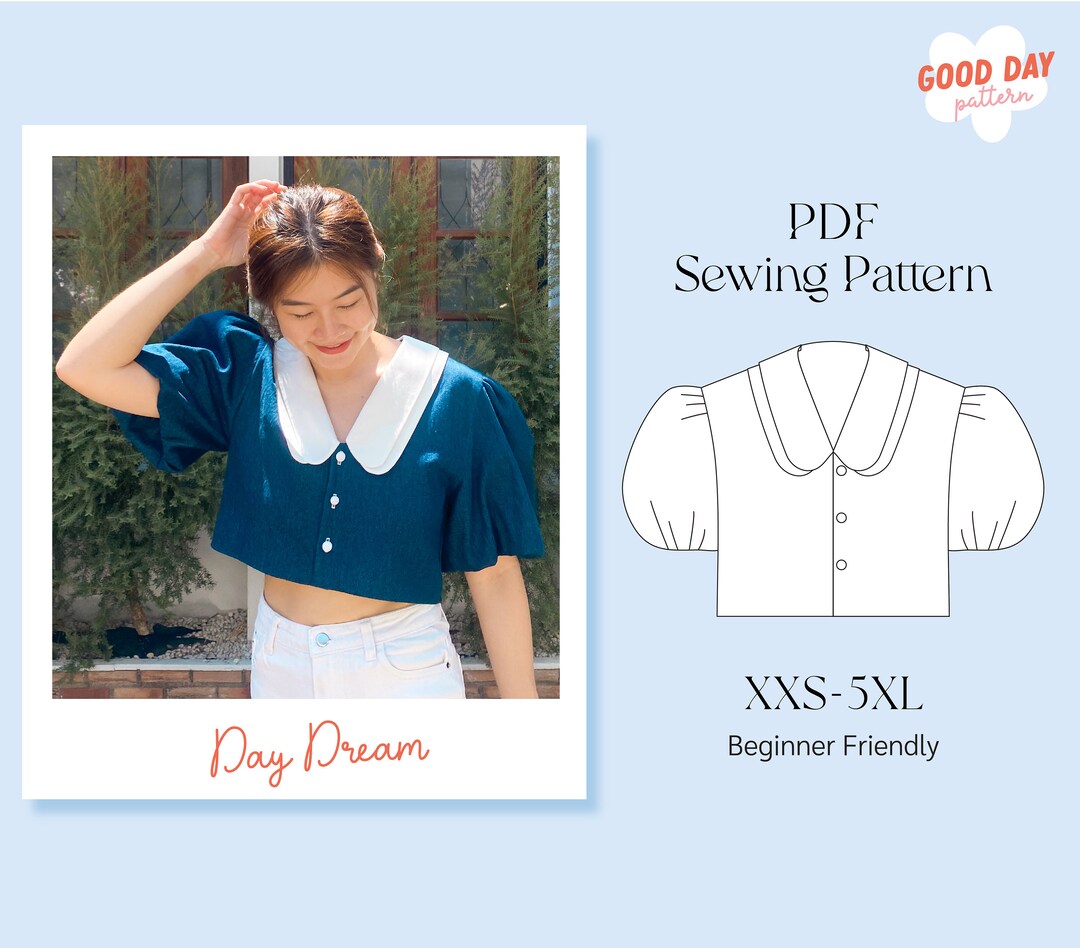 Denim Classic Crop Top, Peter Pan Collar Blouse Pattern, PDF Sewing ...