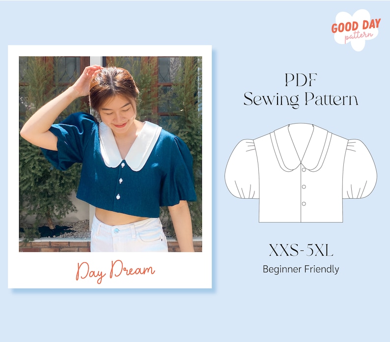 Denim Classic Crop Top, Peter Pan Collar Blouse Pattern, PDF Sewing ...