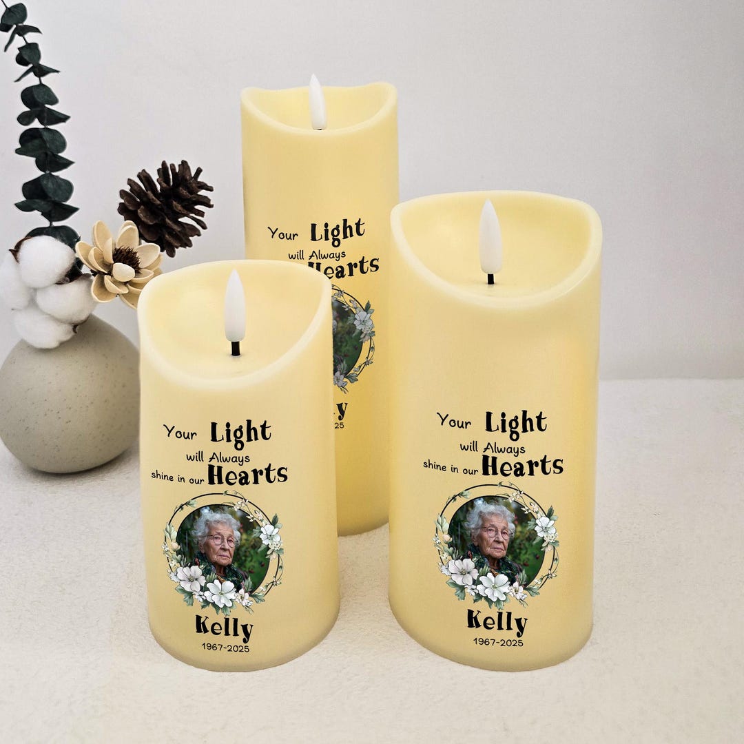 Custom Memorial LED Candle With Photo – Personalized Flameless Candle With Name & Date – Tribute ...