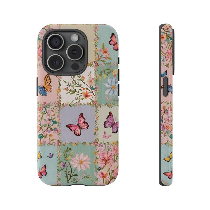 Patchwork Quilt Tile Chic Aesthetic Floral Butterfly Phone Case, Spring ...