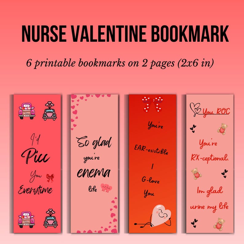 Nurse/doctor Valentine's Day Printable Bookmark, Book Lover Keepsake ...