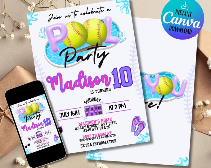 Softball Birthday Invitation, Pool Party, Editable Softball Team Party ...