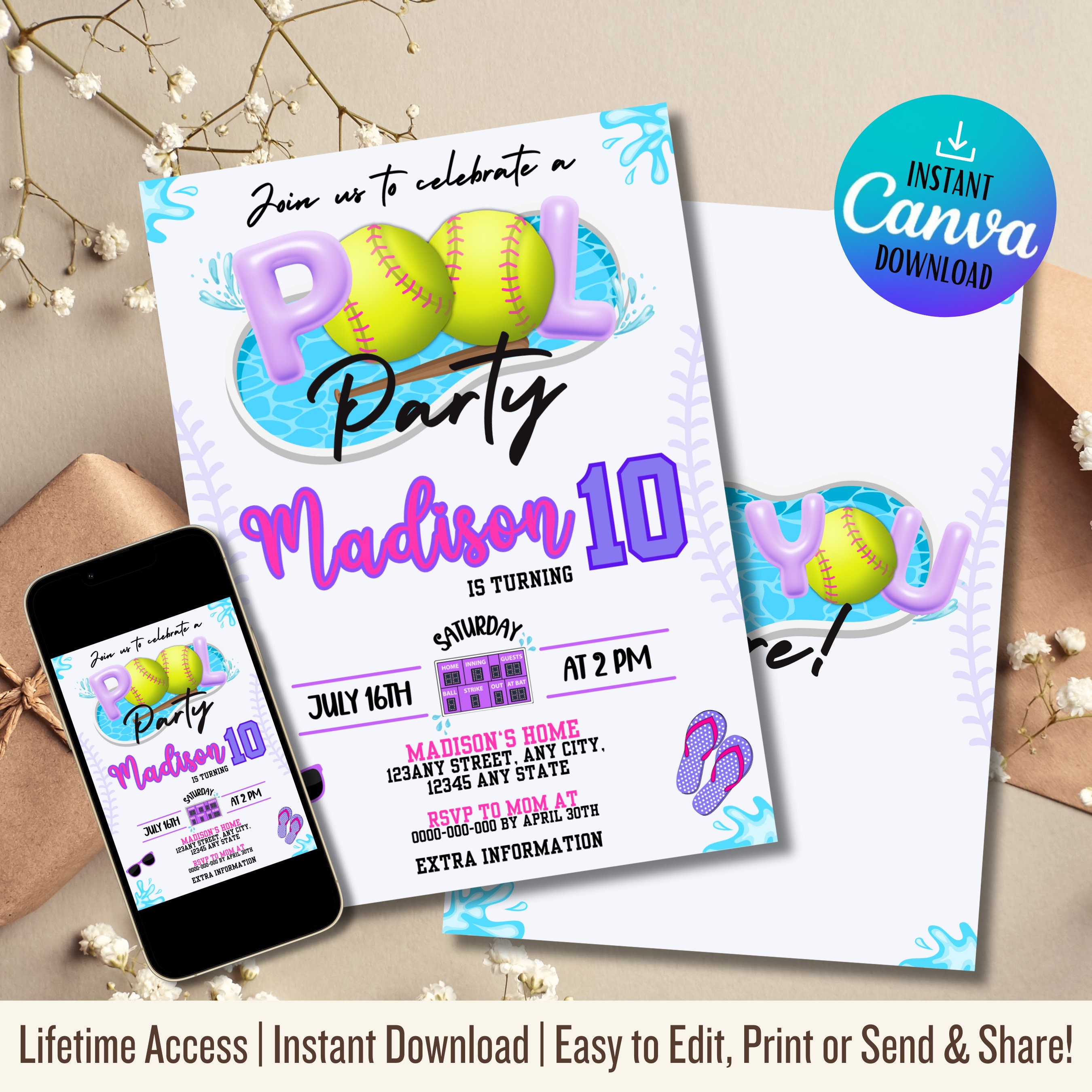 Girl Sports Birthday Invite Pool Party Invite Editable End of Season ...