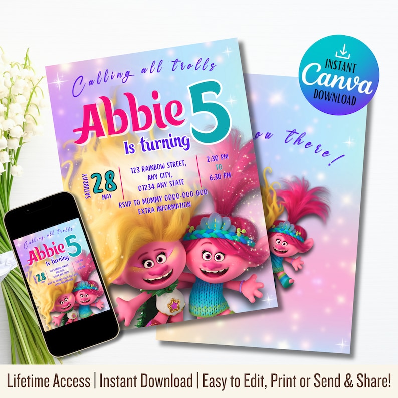 Trolls Birthday Invitation: Editable Party Template (digital Download ...