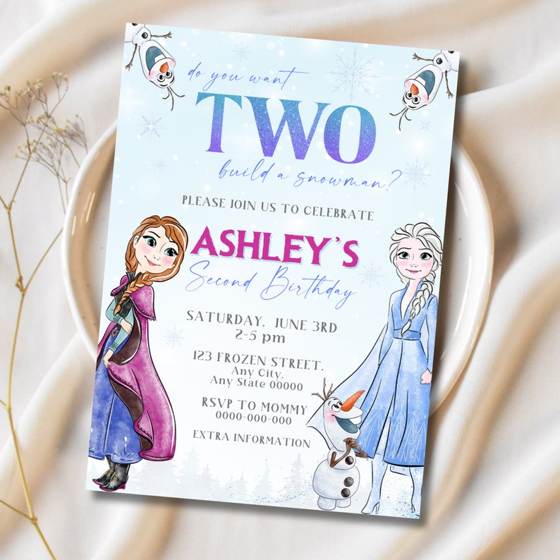 Frozen 2nd Birthday Invitation: Elsa & Anna, Snowman Theme (editable ...